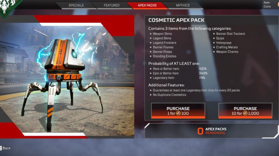 Redditor shares drop rates from 101 Apex Packs in Apex Legends ...