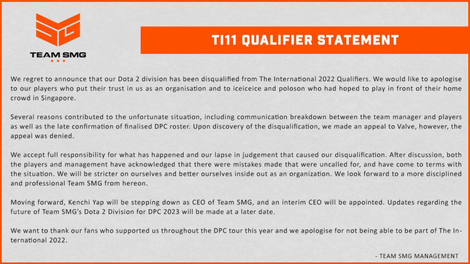 Team SMG disqualified from TI11 qualifiers, CEO Kenchi Yap steps down ...